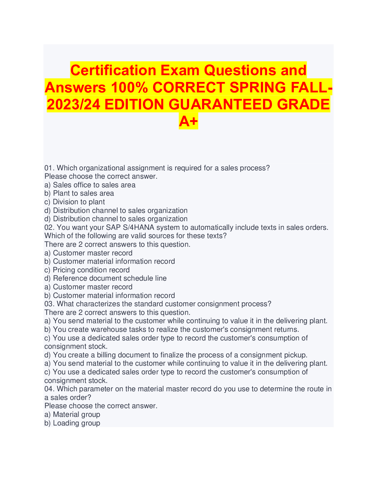 Certification Exam Questions and Answers 100% CORRECT SPRING FALL- 2023 ...